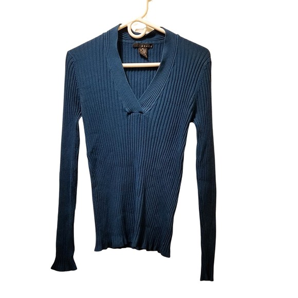 Grace | Sweaters | Grace Teal Blue Ribbed Stretch Sweater Size Xl ...